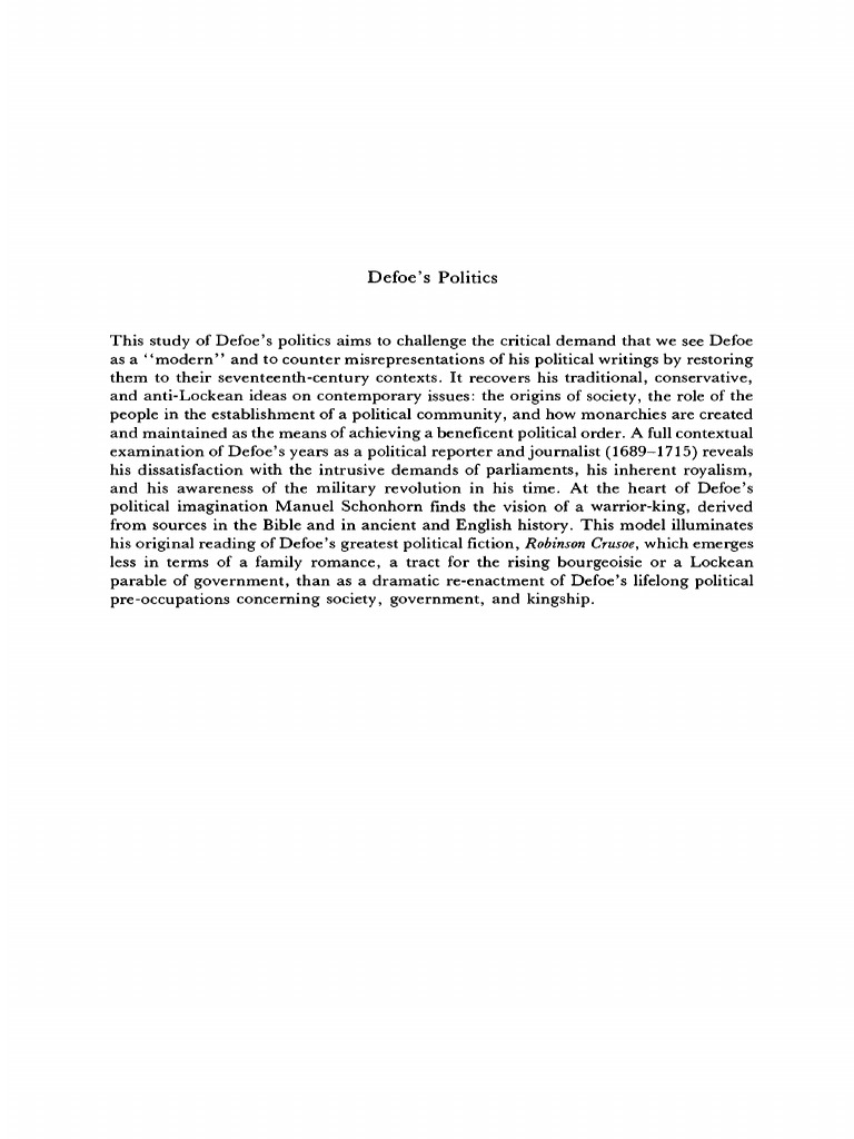 Manuel Schonhorn-Defoe's Politics - Parliament, Power, Kingship and 'Robinson Crusoe' (Cambridge ...
