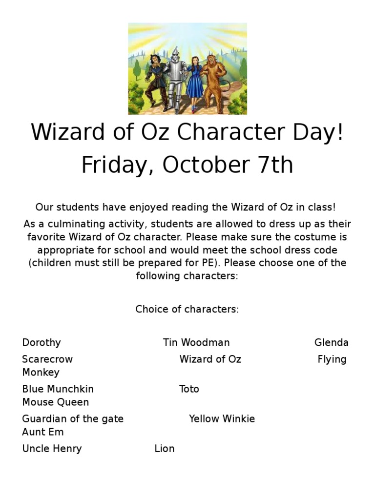 Wizard of Oz Character Day 1 | PDF | Language Arts & Discipline ...