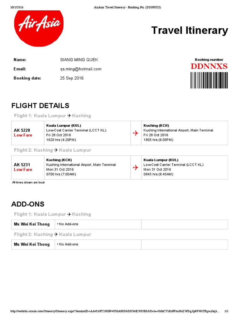 AirAsia Travel Itinerary Sample | PDF | Aviation