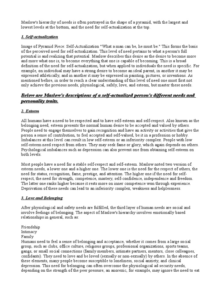 Maslow S Hierarchy of Needs | PDF | Self Actualization | Self Esteem