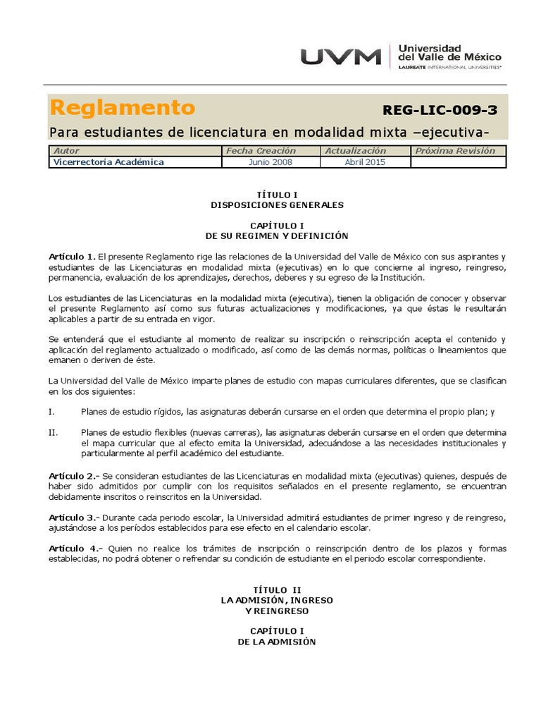 Reglamento Uvm | PDF | Prueba (evaluación) | Plan de estudios
