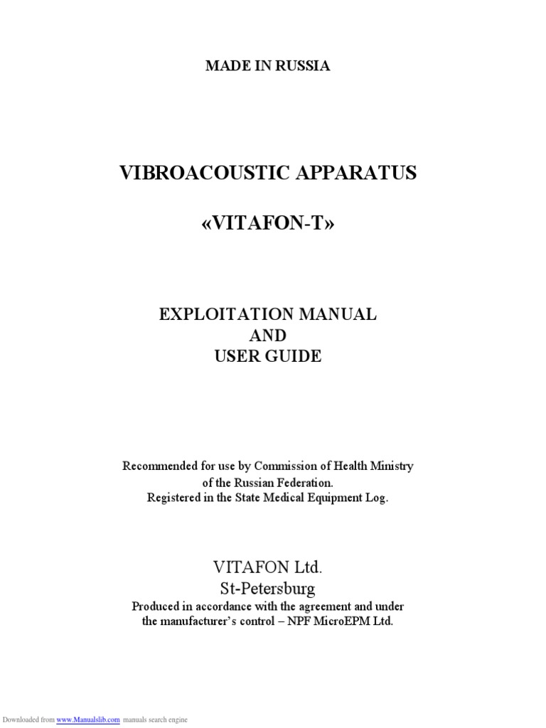 Vibroacoustic Apparatus Vitafon-T : Exploitation Manual AND User Guide ...