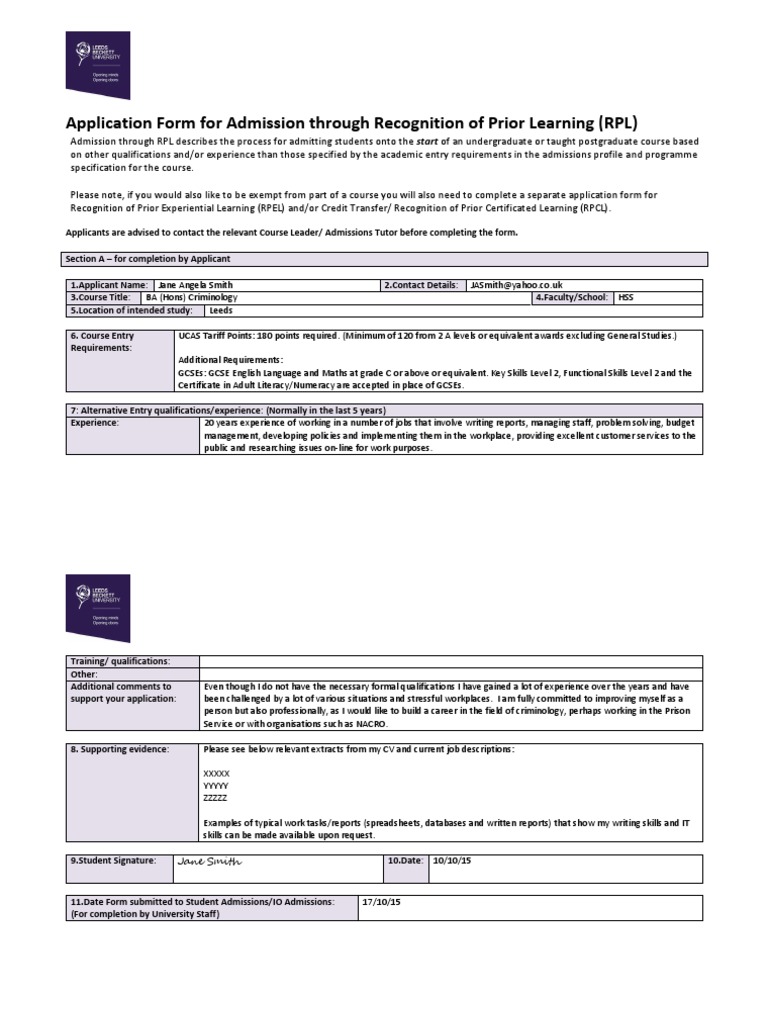Application Form For Admission Through RPL Completed Example PDF | PDF ...