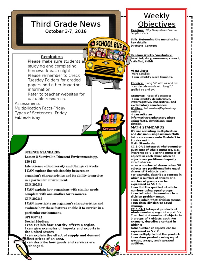 3rd Grade Newsletter October 3-7 | PDF | Phonics | Learning