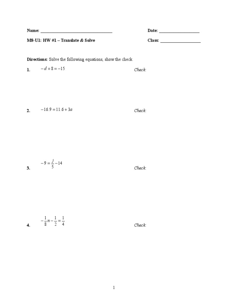 U1 - Lesson 1 HW - Translate Solve | PDF | Algebra | Teaching Mathematics