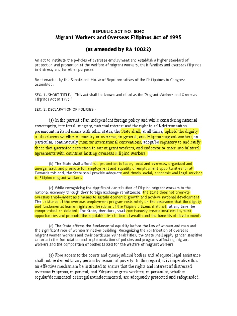 RA 8042 As Amended by RA 10022 | PDF | Migrant Worker | Employment