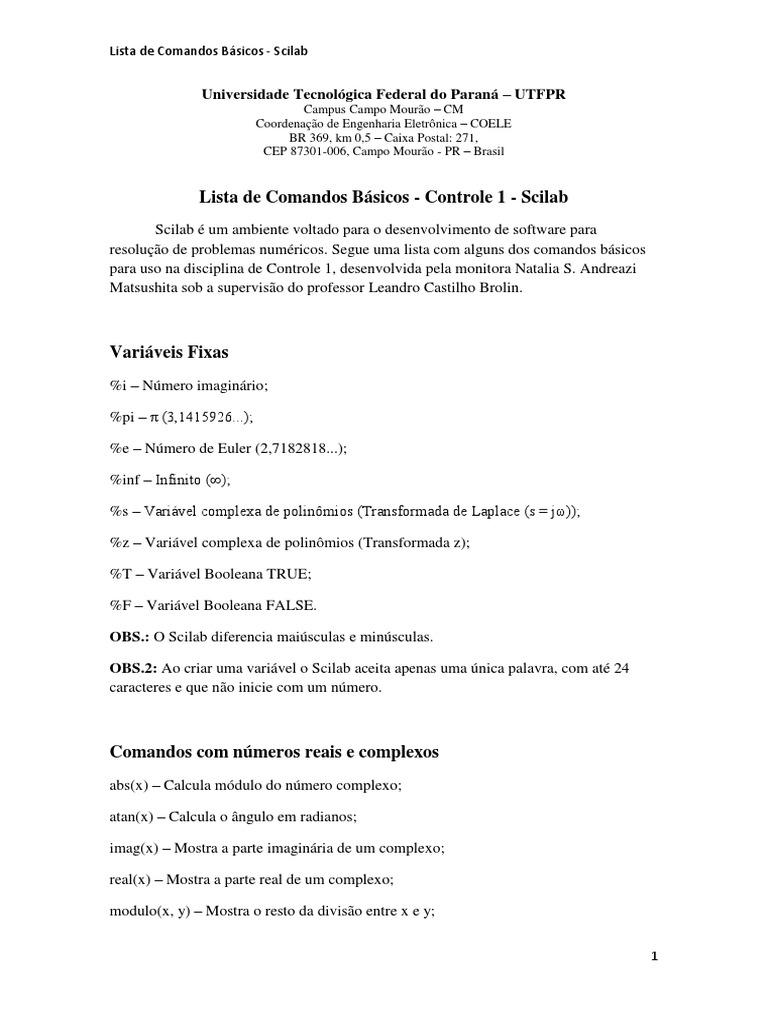 Lista de Comandos Basicos - Scilab | PDF | Divisão (Matemática ...