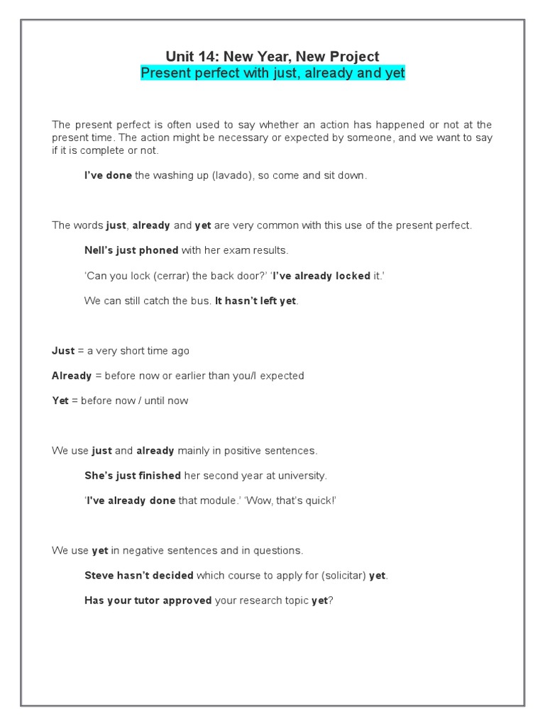 Present Perfect With Just, Already and Yet | PDF | Perfect (Grammar) | Noun