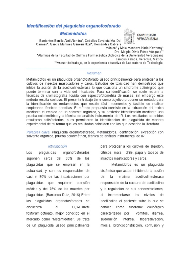Identificación Del Plaguicida Organofosforado Metamidofos | PDF ...