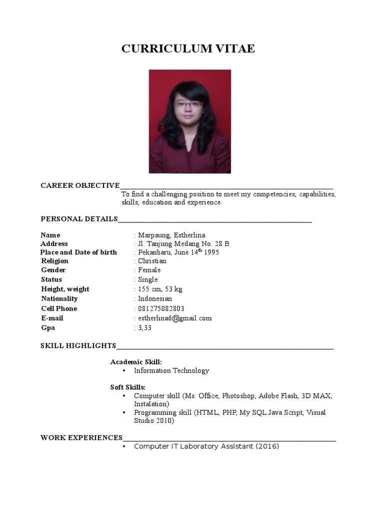 Contoh CV Magang (Internship) UNIVERSITAS ADVENT INDONESIA | PDF