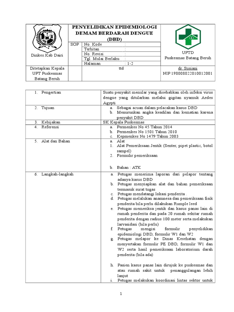 Sop Penyelidikan Epidemiologi Demam Berdarah Dengue (DBD) | PDF | Pengembangan Diri | Sains ...