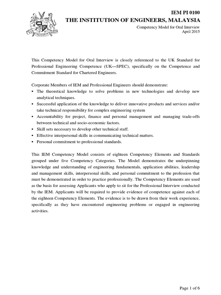 IEM PI 0100 - Competency Model For PI Oral Interview | PDF | Competence ...