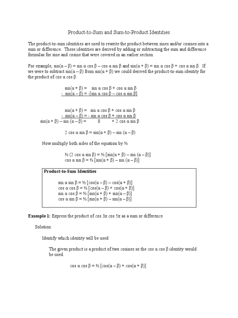 MATH2412-product sum identities.pdf | Sine | Trigonometric Functions