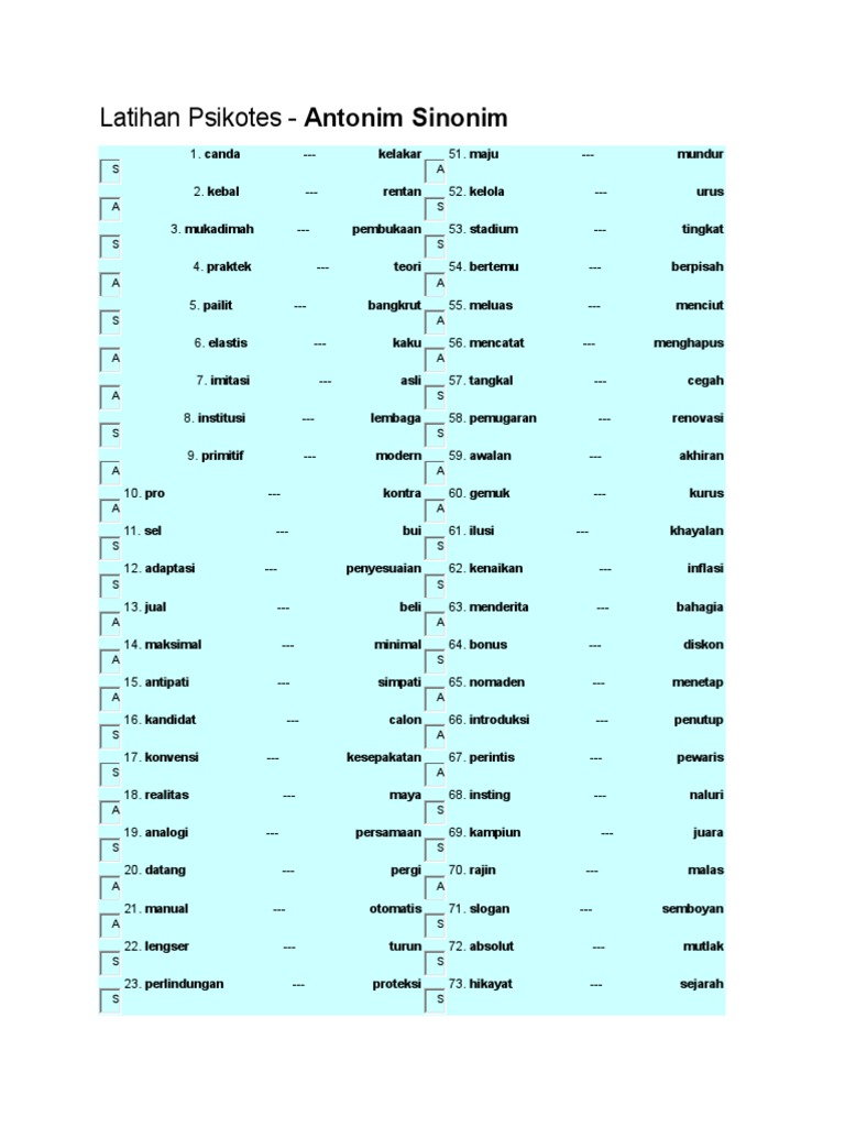 Latihan Psikotes - Antonim Sinonim | PDF