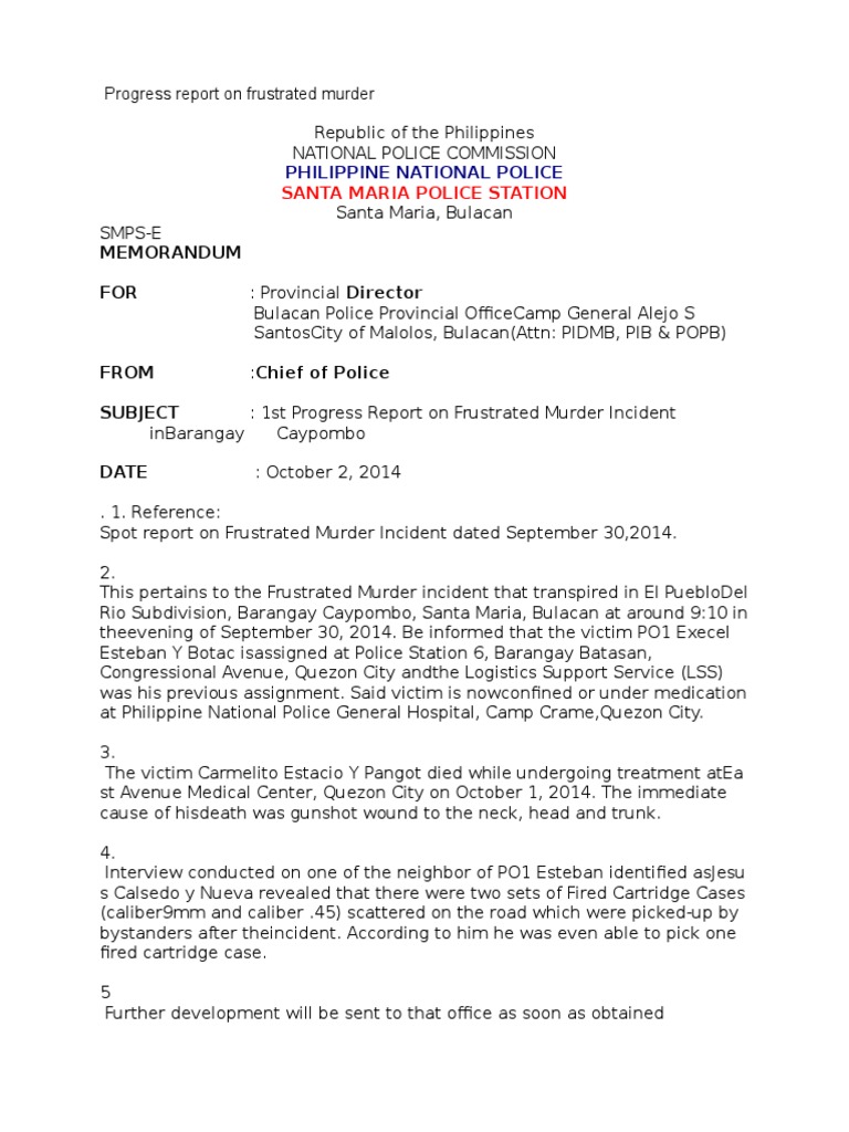 Progress Report On Frustrated Murder | PDF | Killings | Law Enforcement