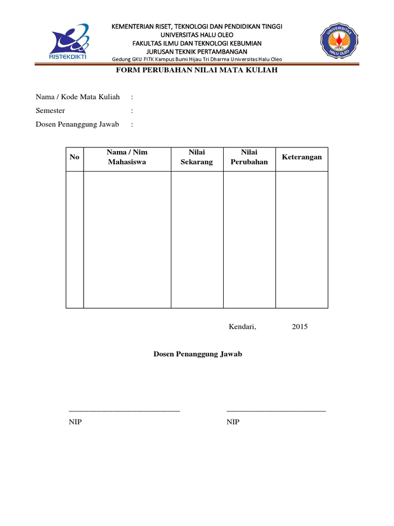 Form Perubahan Nilai Mata Kuliah | PDF