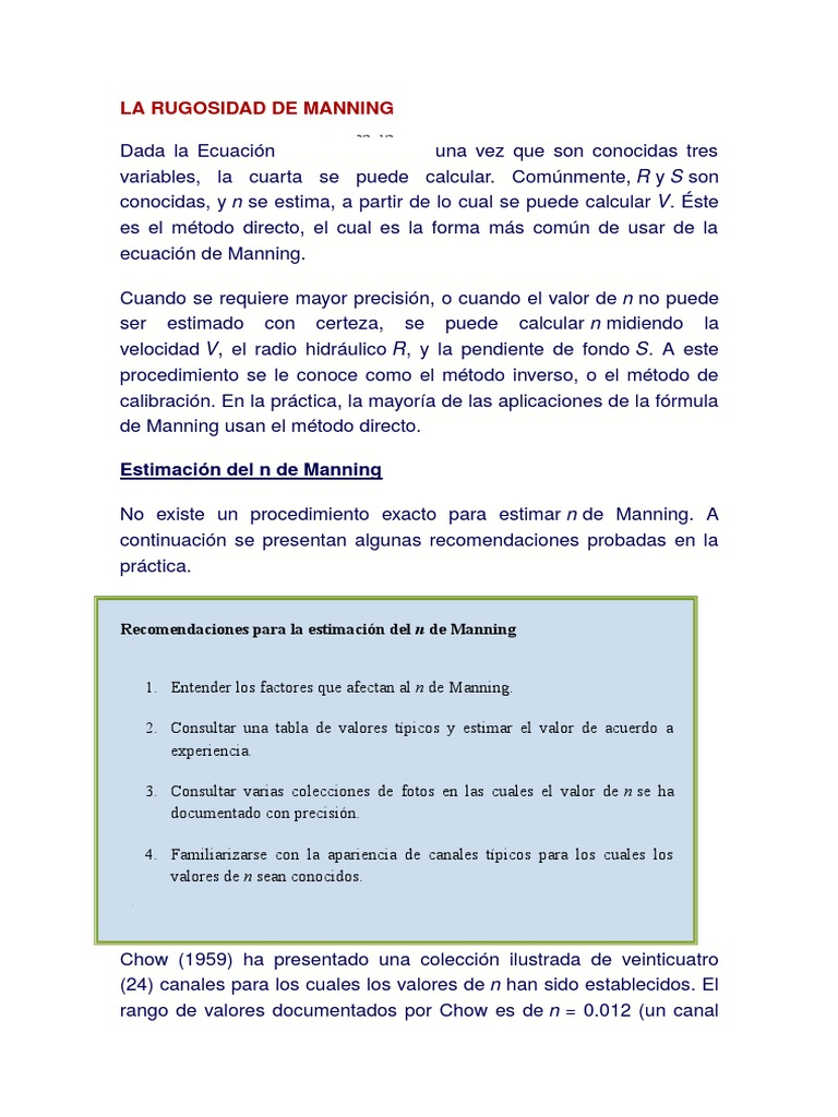 Estimación Del Coeficiente N De Manning Pdf Río Agua