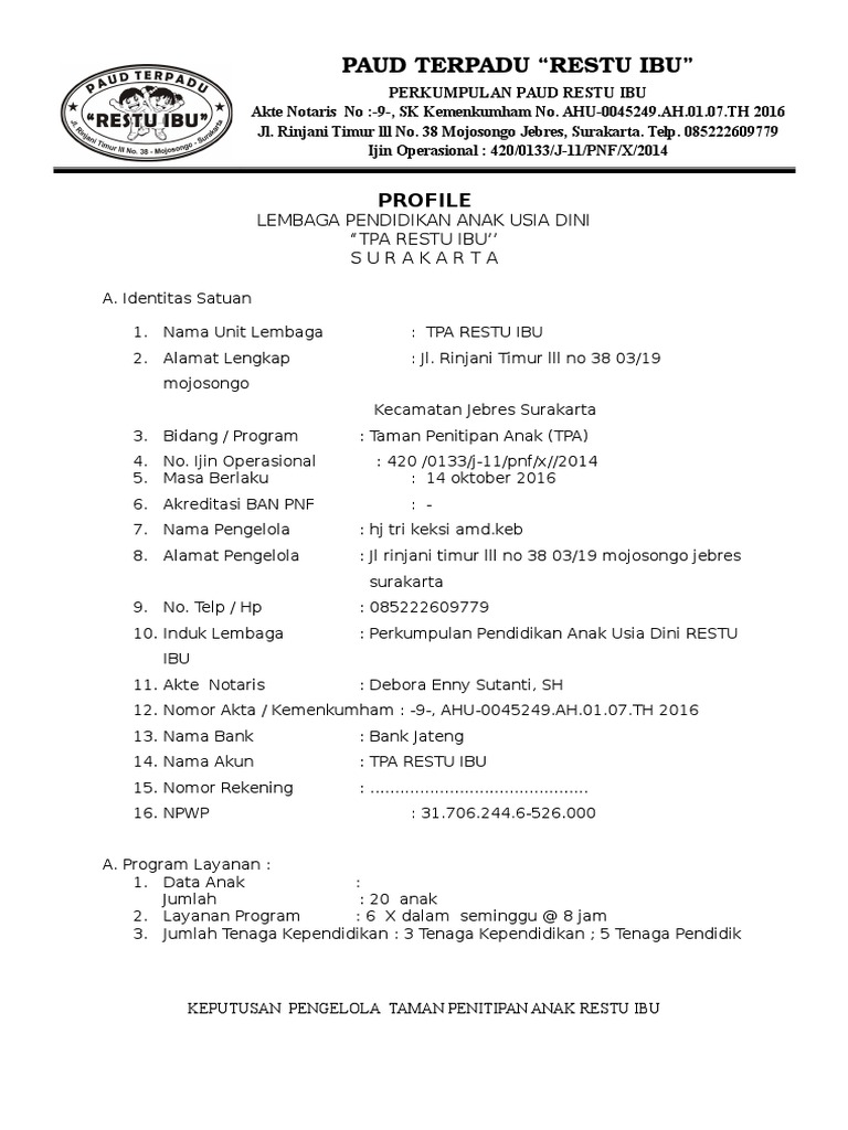 Profil Tpa Restu Ibu | PDF