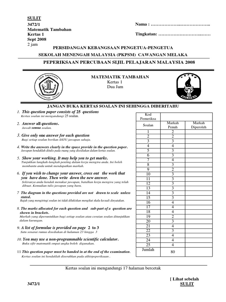 Melaka Add Math P1 2008 - 25 PDF | PDF
