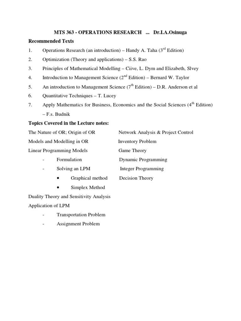 Operation Research Lecture Notes | PDF | Linear Programming ...