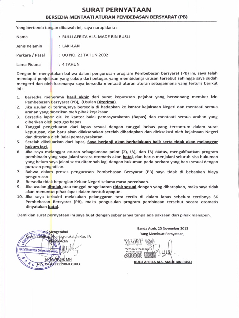 Contoh Surat Pernyataan Narapidana Untuk Usul PB, CB, CMB Dan Asimilasi ...