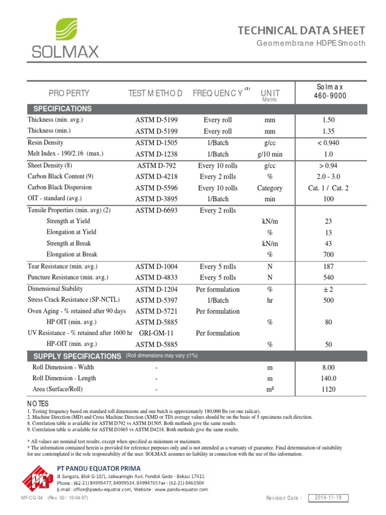 460-9000 Solmax HDPE Smooth 1.50mm 2014-11-19
