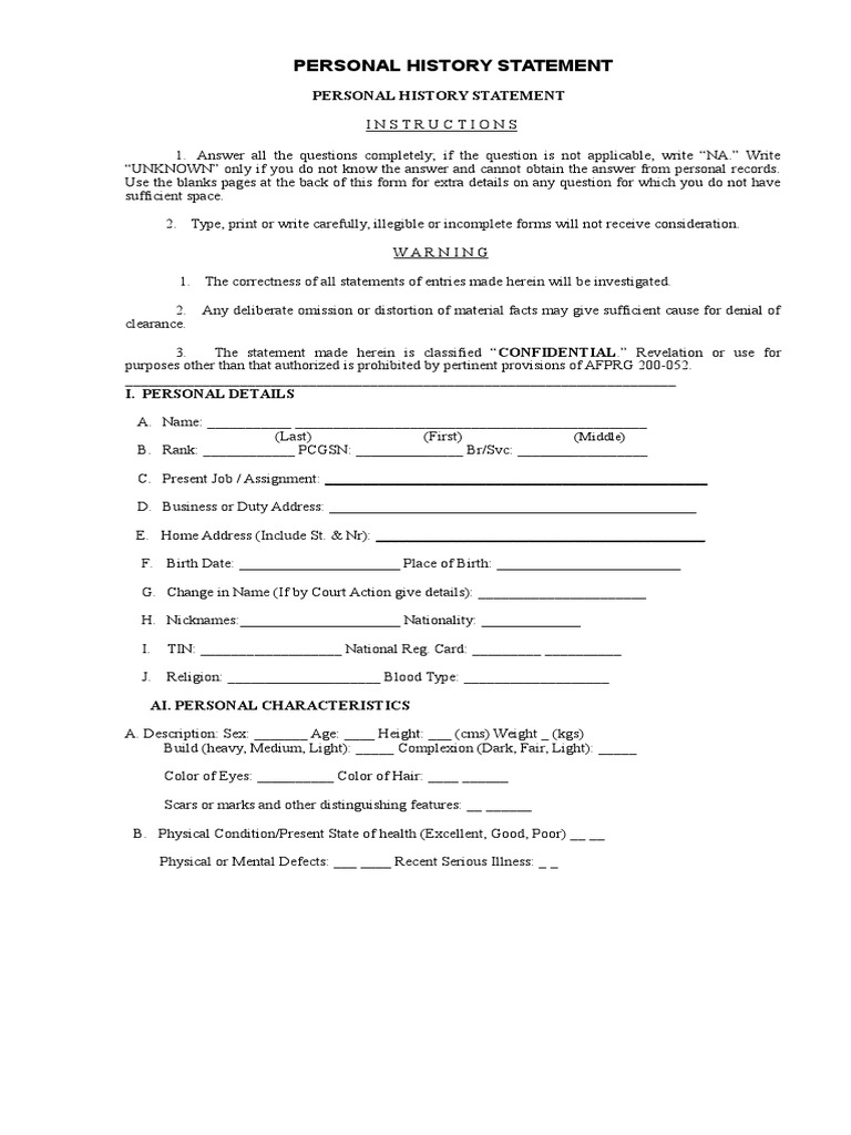 Annex III Personal History Statement Form | PDF | Arrest | Marriage