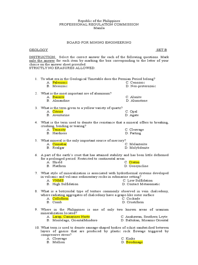 Mining Engineering and Geology Board Examination: Set B | PDF | Rock ...