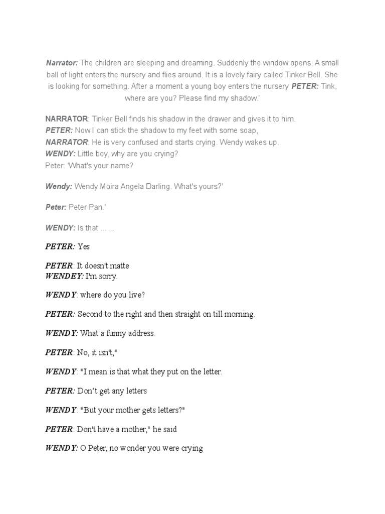 PETER PAN SCRIPT.docx | Wendy Darling | Lost Boys (Peter Pan) | Free 30 ...