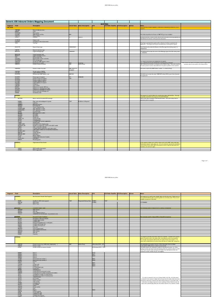 850 Inbound Orders Mapping Document | PDF | Electronic Data Interchange | Value Added Tax