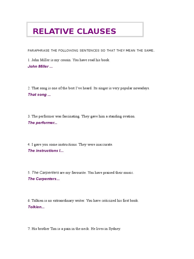 Rephrasing Relative Clauses Exercises | PDF