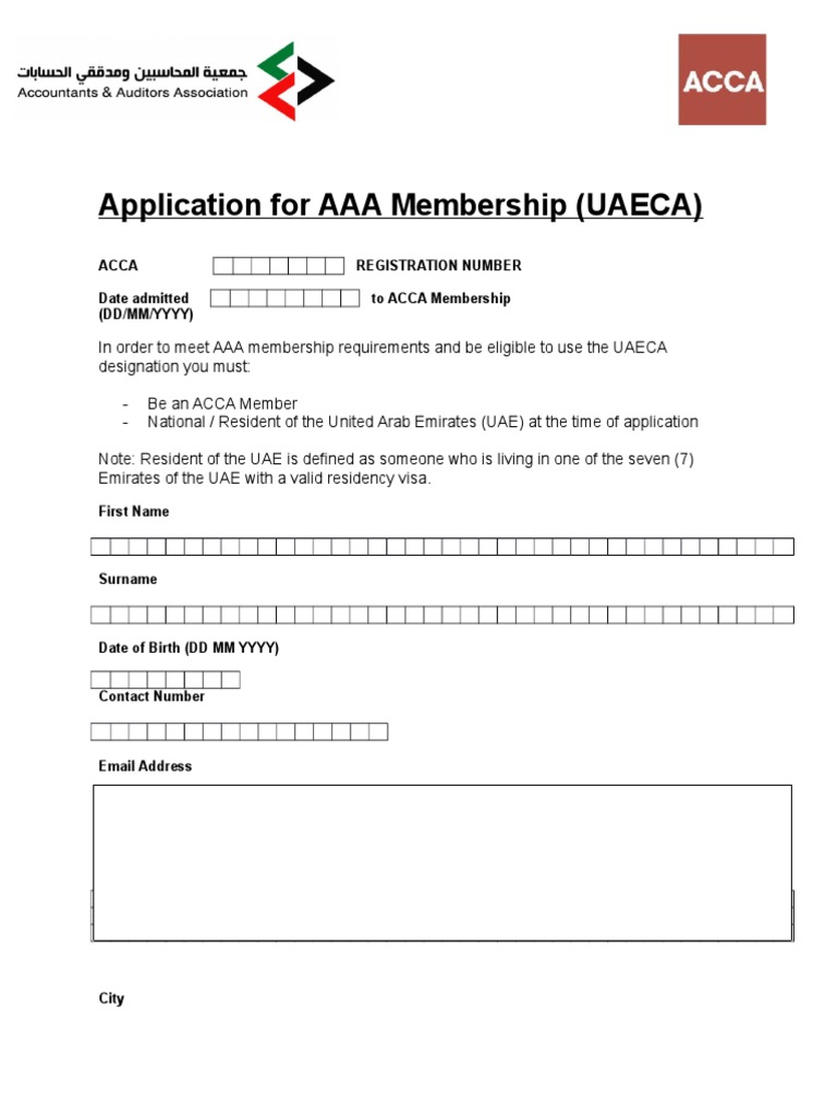 Application For AAA Membership (UAECA) : Acca Registration Number Date ...
