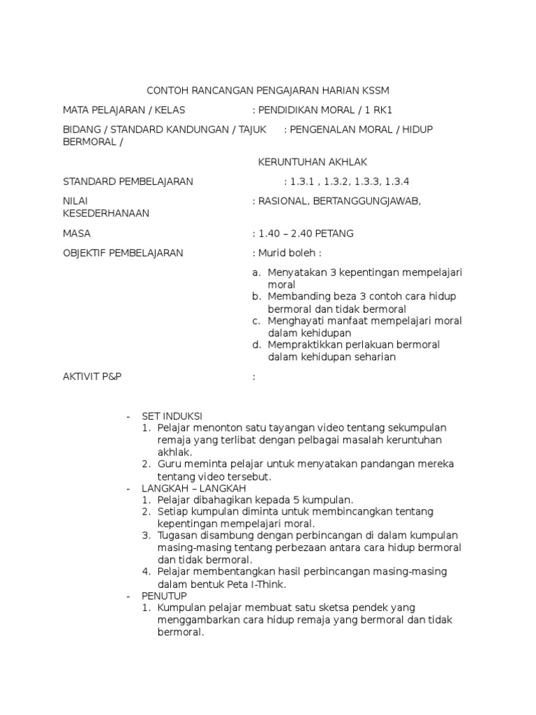 Contoh Rancangan Pengajaran Harian Pendidikan Moral KSSM | PDF