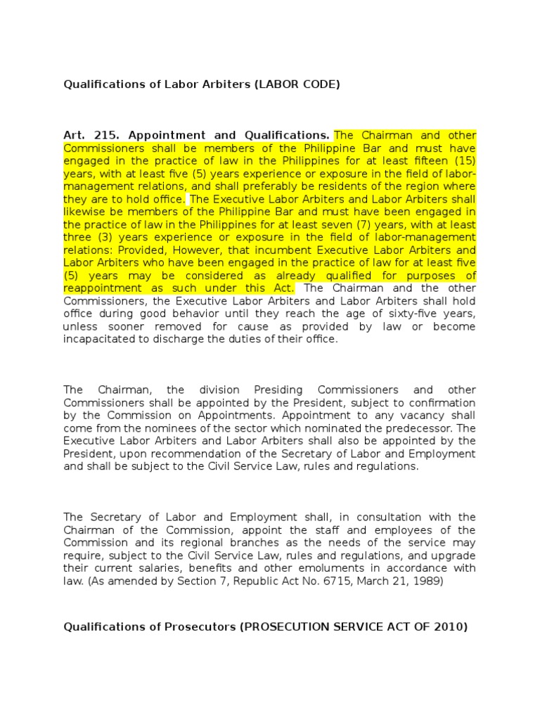 Qualifications of Labor Arbiters and Prosecutors.docx | Prosecutor | Judge