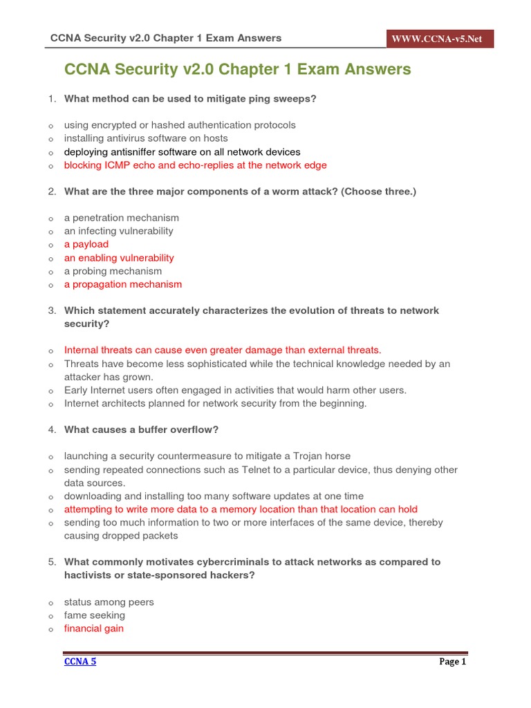 CCNA Security v2.0 Chapter 1 Exam Answers | PDF | Computer Security | Security