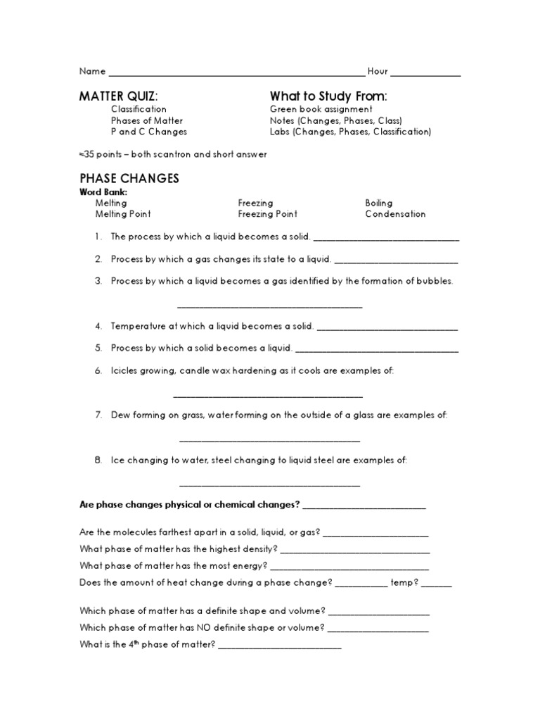Matter Quiz: What To Study From:: Word Bank | PDF | Phase (Matter ...