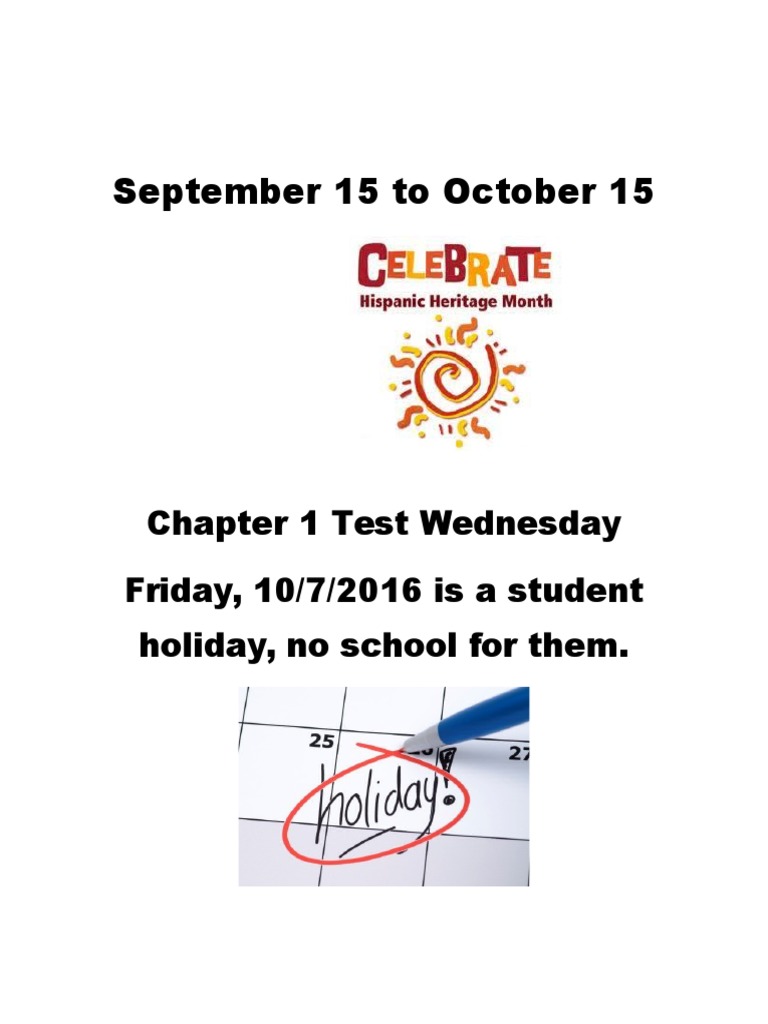 September 15 To October 15: Chapter 1 Test Wednesday Friday, 10/7/2016 ...