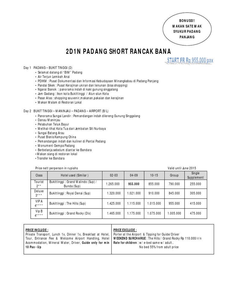 2d1n Padang Short Rancak Bana Upd 3dec | PDF