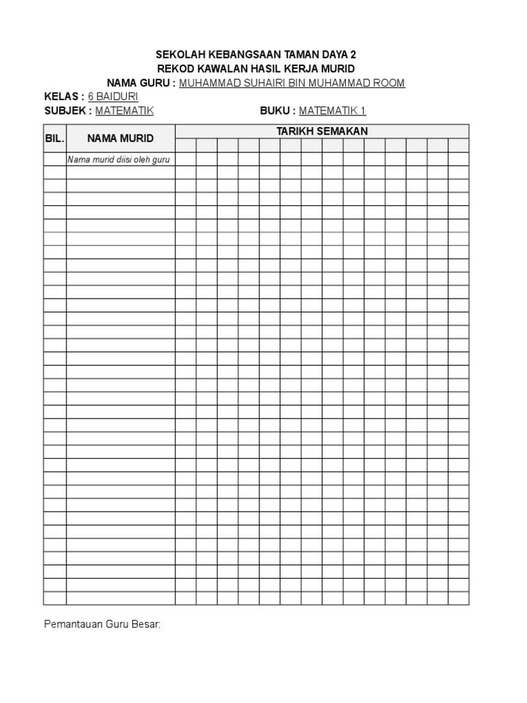 Contoh Rekod Kawalan Hasil Kerja Murid | PDF