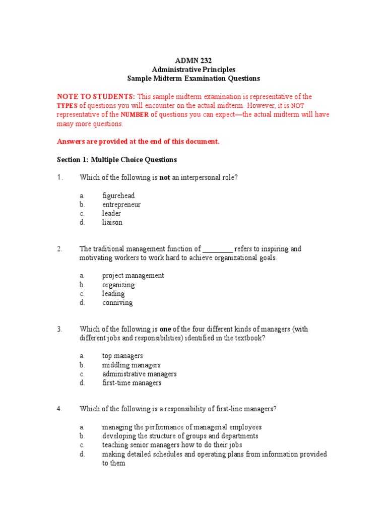 ADMN 232 Administrative Principles Sample Midterm Examination Questions | PDF | Goal | Decision ...