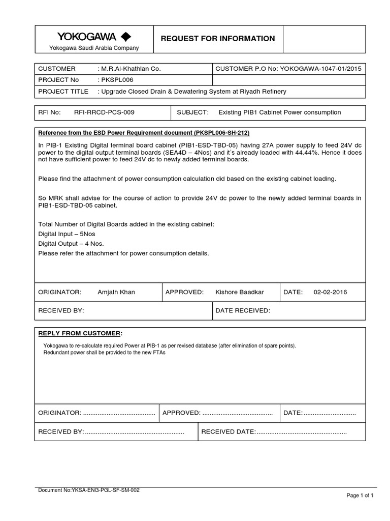 Request For Information: Yokogawa Saudi Arabia Company | PDF
