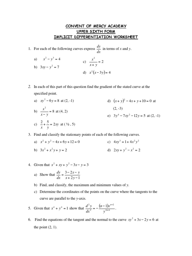 Implicit Differentiation Worksheet With Answers Pdf Askworksheet