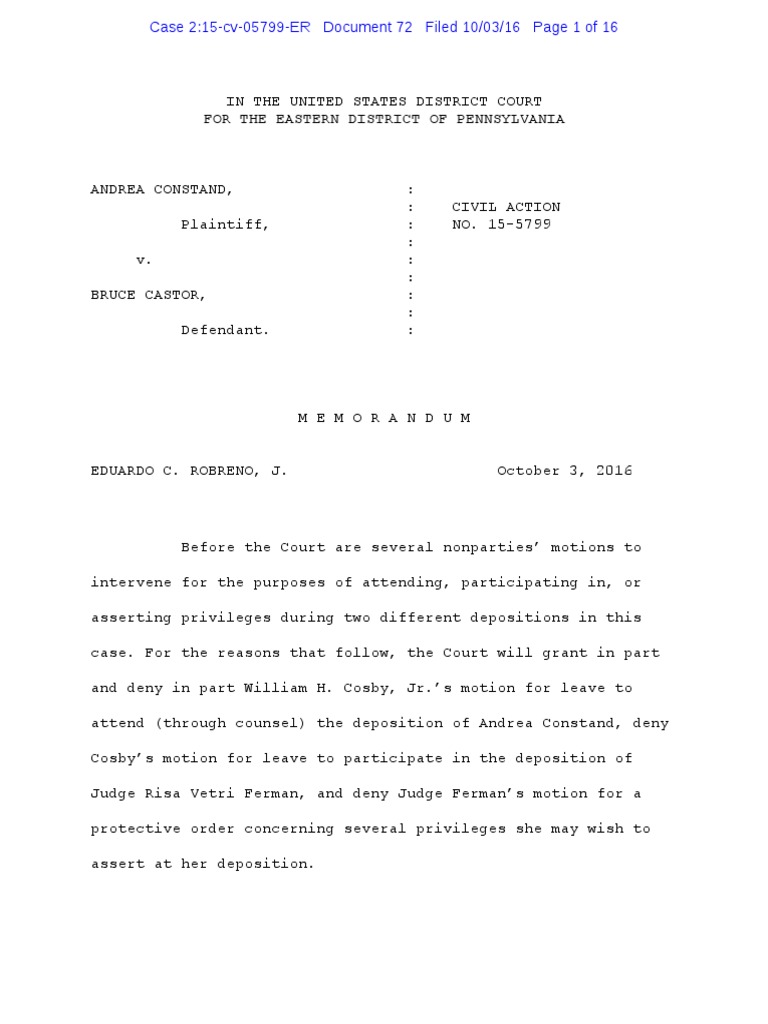 Constand V Castor 72 Order Memo | PDF | Andrea Constand V. William H. Cosby, Jr. | Deposition (Law)