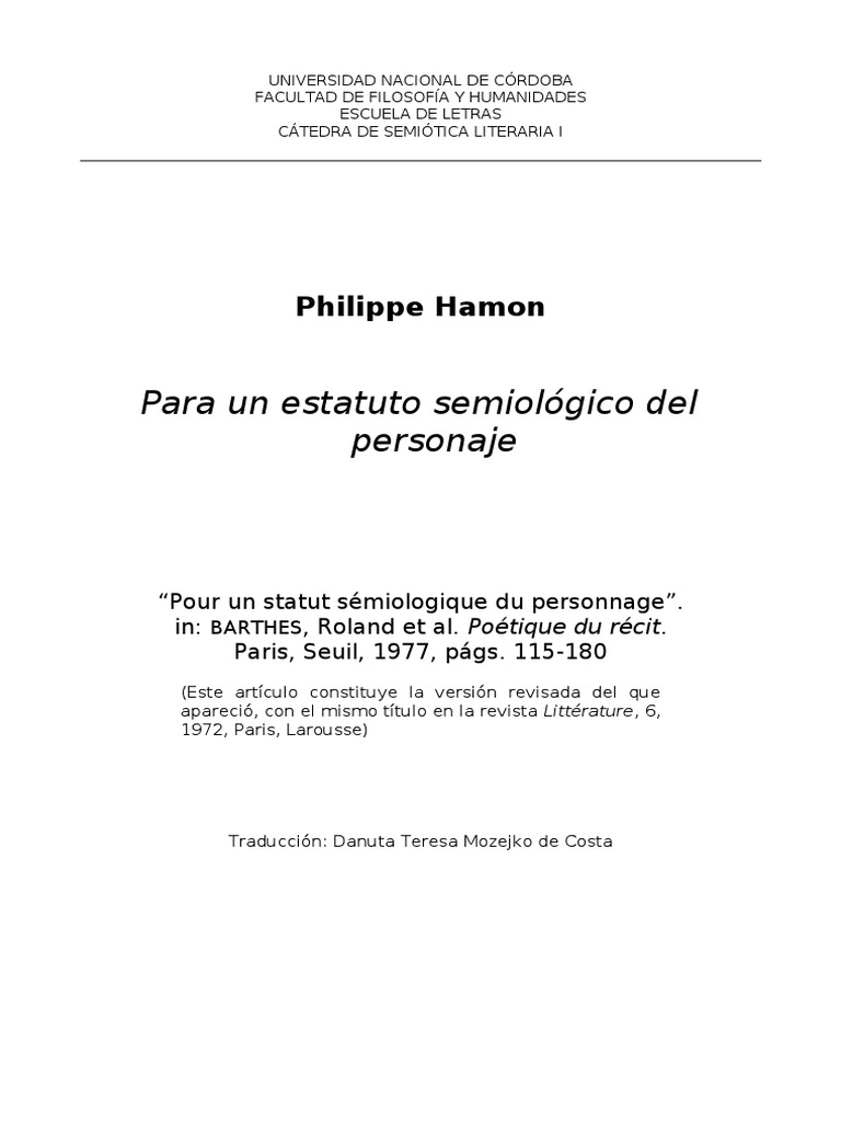 Philippe Hamon Personaje PDF | PDF | Semiótica | Lingüística