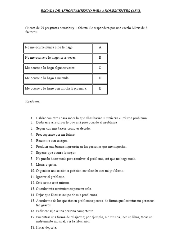 Escala de Afrontamiento para Adolescentes ACS | PDF | Afrontamiento ...