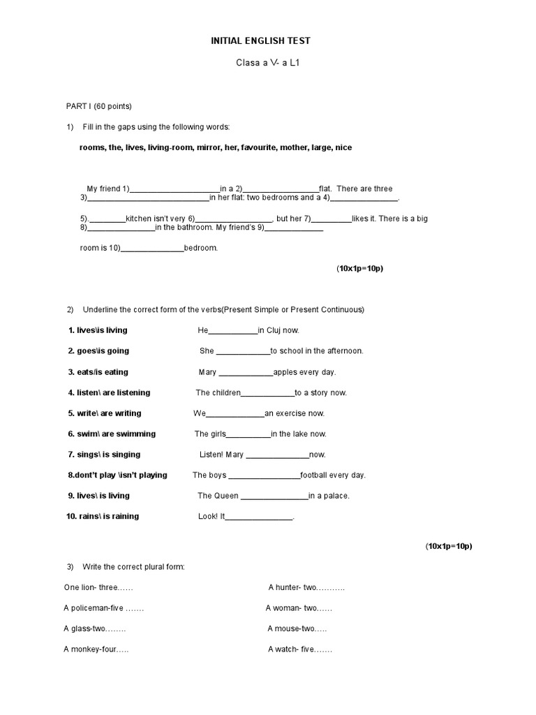 Initial English Test: Clasa A V-A L1 | PDF
