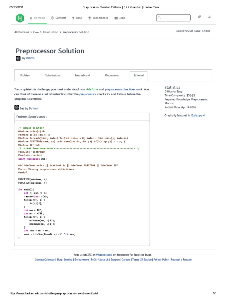 Preprocessor Solution Editorial - C++ Question - HackerRank | PDF