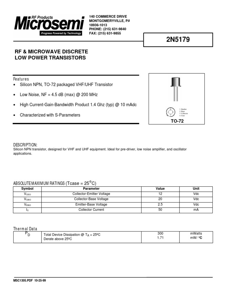 RF & Microwave Discrete Low Power Transistors: Features | PDF