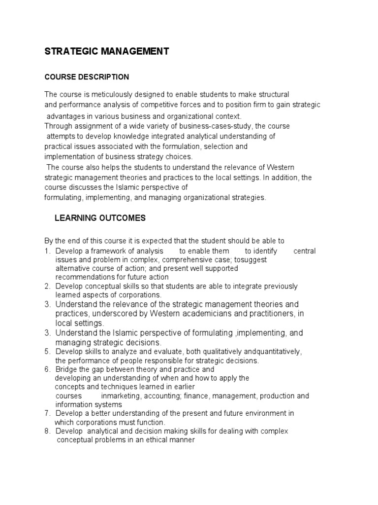 Strategic Management Course Outline | PDF | Strategic Management | Swot ...