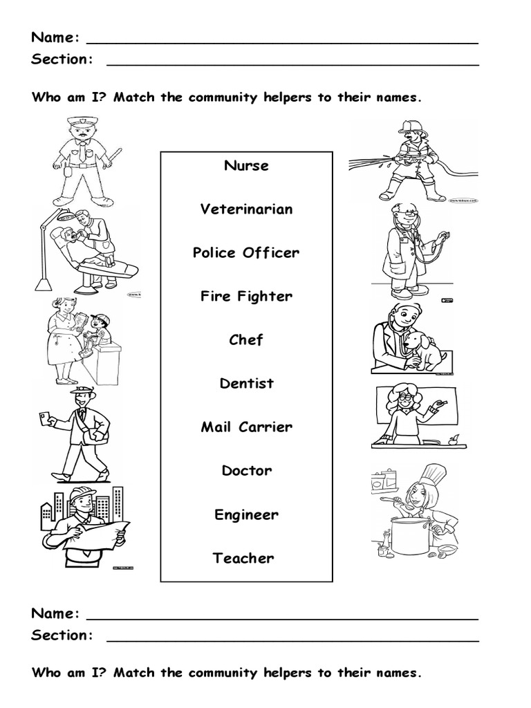 Who Am I? Match The Community Helpers To Their Names | PDF